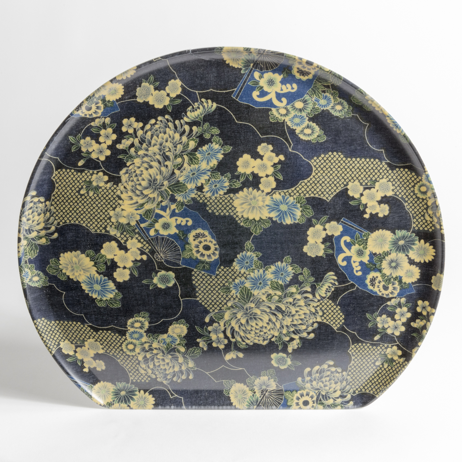 Plateau Demi-Lune Fleurs Indigo en résine - IKAT objets du Japon et d'Asie